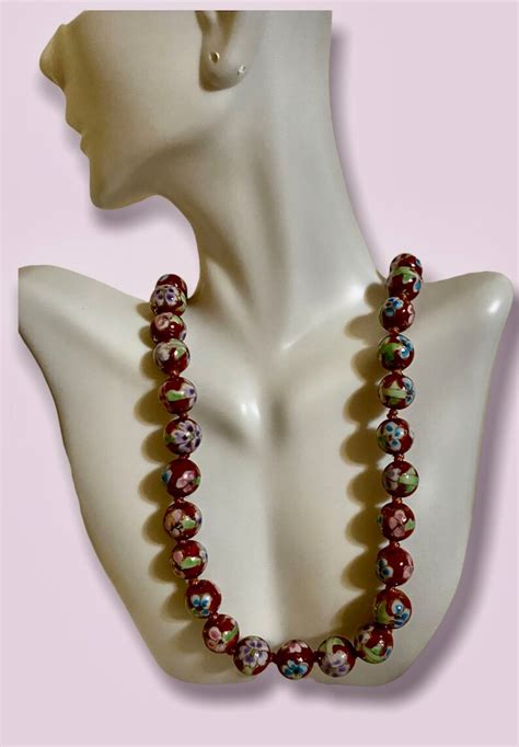 Vintage Chinese Red Cloisonn Beaded Hand Knotted Necklace Etsy