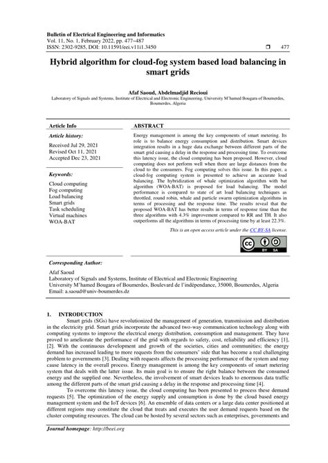 pdf hybrid algorithm for cloud fog system based load balancing in smart grids