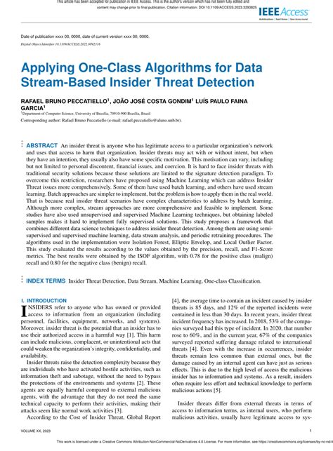 pdf applying one class algorithms for data stream based insider threat detection