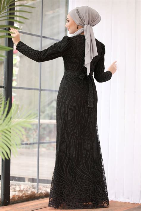 Kuşaklı Simli Tül Abiye 6453YG95 Siyah Moda Selvim