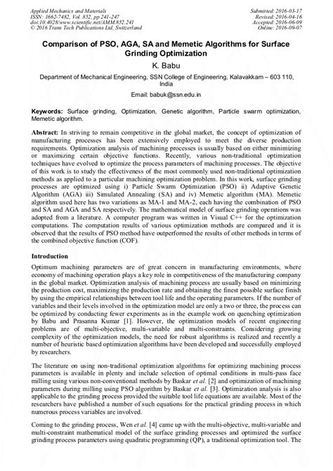 comparison of pso aga sa and memetic algorithms for surface grinding optimization scientific