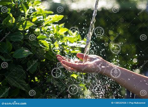 Acqua Che Versa In Mano Della Donna Con Le Fonti Di Energia Per