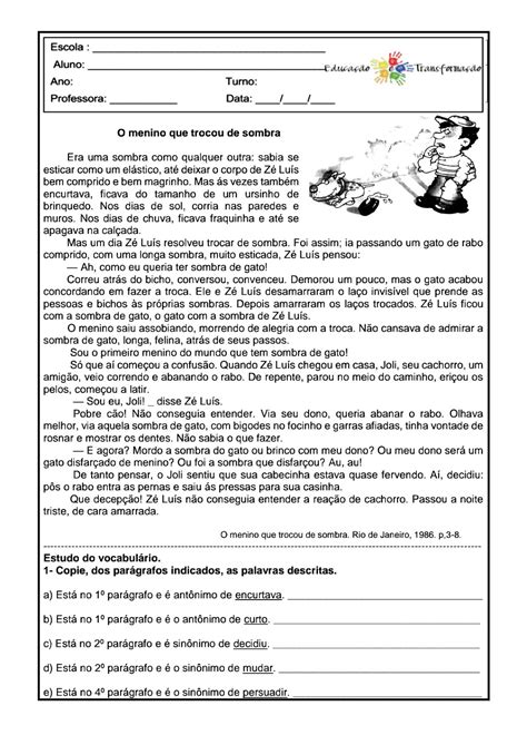 Interpretação e gramática Atividade para trabalhar interpretação e