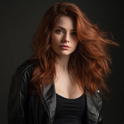 Premium AI Image Beautiful Red Haired Woman In Black Leather Jacket