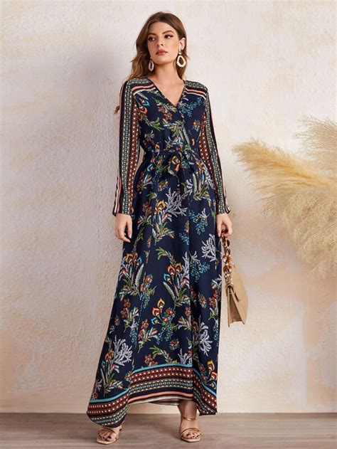 SHEIN Mulvari Vestido con cinturón con estampado floral de cuello