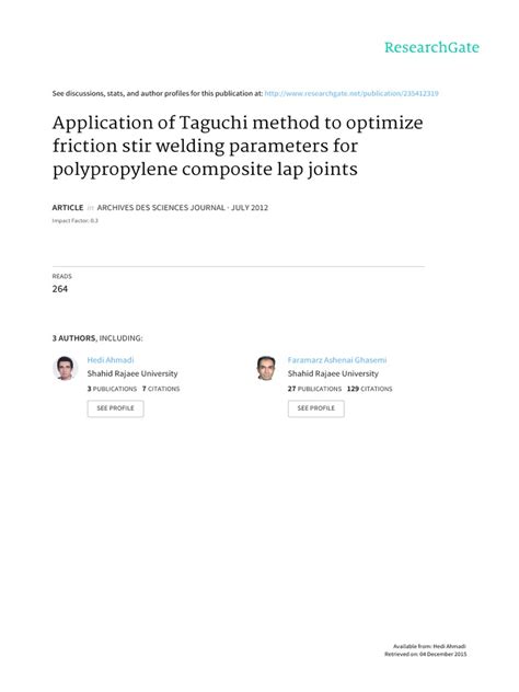 application of taguchi method to optimize friction stir welding parameters for polypropylene