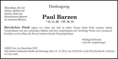 Traueranzeigen Von Paul Barzen Volksfreund Trauer De