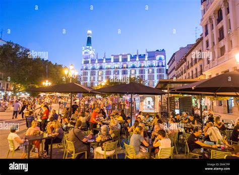 Sidewalk Bars At Night In Plaza Santa Ana Huertas District Madrid