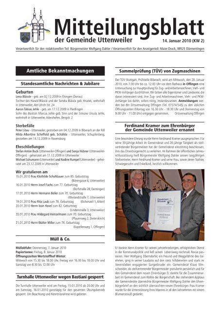 Mitteilungsblatt Der Gemeinde Uttenweiler