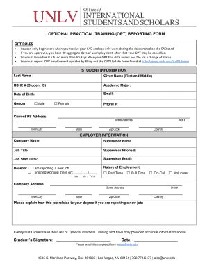 Fillable Online Unlv OPTIONAL PRACTICAL TRAINING OPT REPORTING FORM