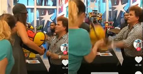 Mulher quebra obra de Romero Britto e reação do artista vira meme vídeo