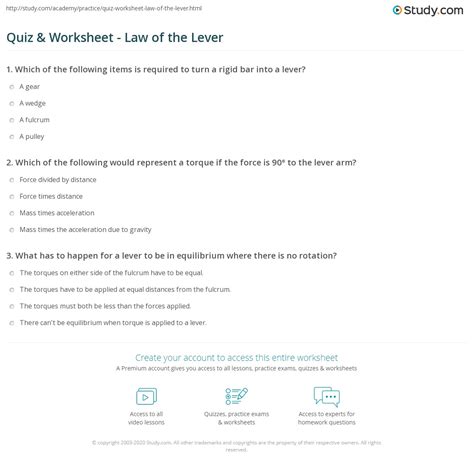 Quiz Worksheet Law Of The Lever Study
