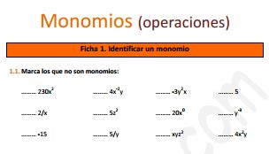 Monomios Operaciones Ficha De Ejercicios Didactalia Material