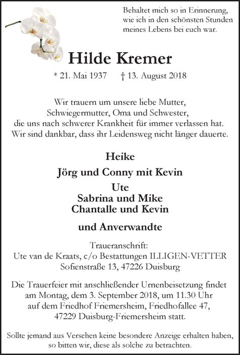 Traueranzeigen Von Hilde Kremer Trauer In NRW De