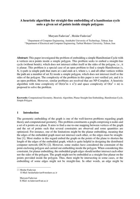 pdf a heuristic algorithm for straight line embedding of a hamiltonian cycle onto a given set