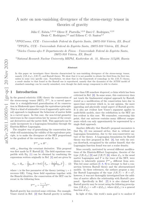 pdf a note on non vanishing divergence of the stress energy tensor in theories of gravity