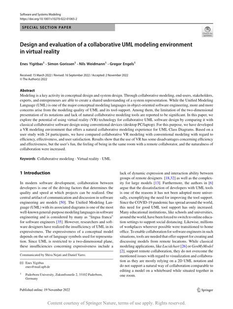pdf design and evaluation of a collaborative uml modeling environment in virtual reality