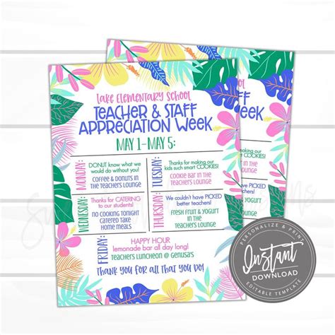 EDITABLE Teacher Appreciation Week Itinerary Printable Digital File