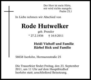 Traueranzeigen Von Rode Hutwelker Trauer In NRW De