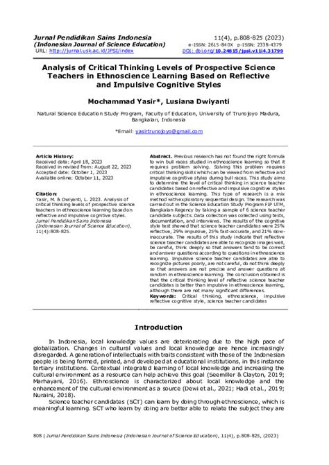 pdf analysis of critical thinking levels of prospective science teachers in ethnoscience