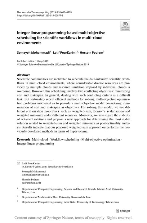 integer linear programming based multi objective scheduling for scientific workflows in multi