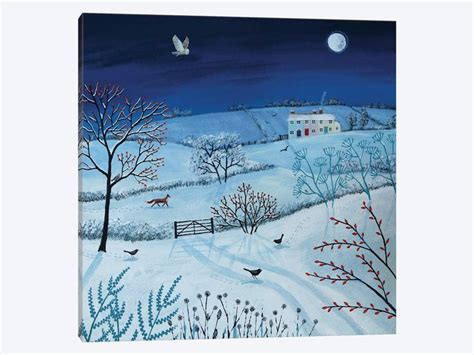 A Painting Of A Snowy Landscape With Trees And Birds Flying Over The