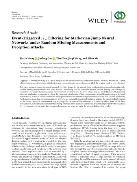 pdf event triggered h ∞ filtering for markovian jump neural networks under random missing