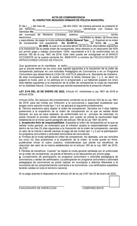 ACTA DE Comparecencia ACTA DE COMPARECENCIA EL INSPECTOR SEGUNDO