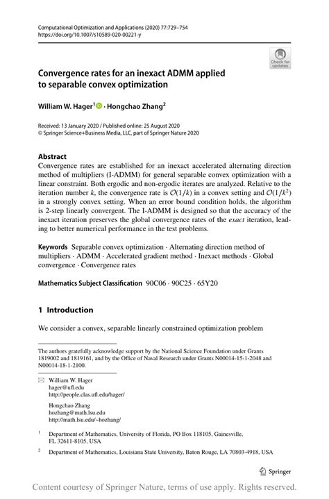 convergence rates for an inexact admm applied to separable convex optimization request pdf