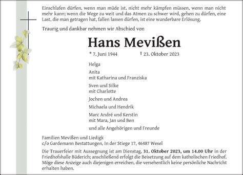 Alle Traueranzeigen F R Hans Mevi En Trauer Rp Online De