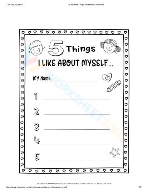 Things I Like About Myself Worksheet