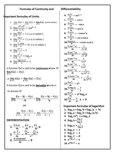 formulas of continuity and differentiability pdf