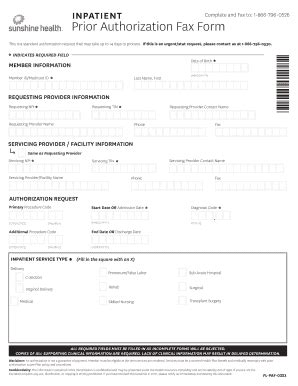 Sunshine Health Inpatient Medicaid Prior Authorization Fax Form 2015