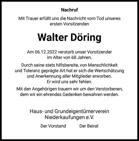 Traueranzeigen von Walter Döring Trauer HNA de