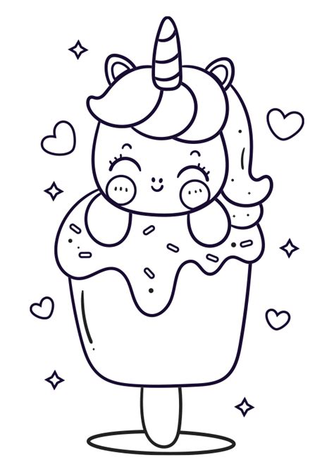 Dibujo Para Colorear Un Unicornio Kawaii Feliz Encima De Un Helado