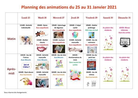 Planning des activités du 25 au 31 Janvier 2021 EHPAD Fouquières