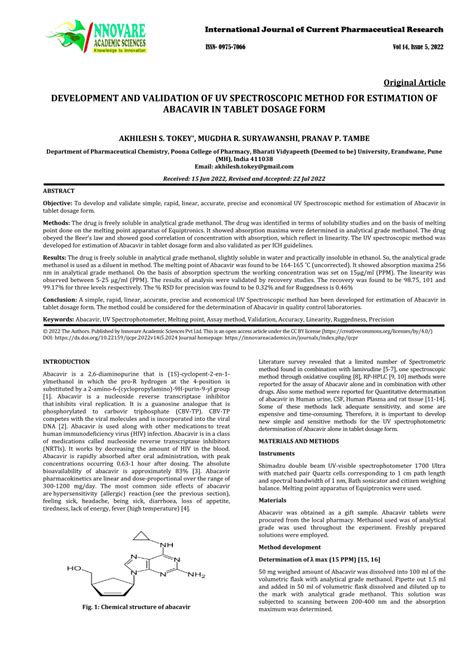 pdf development and validation of uv spectroscopic method for estimation of abacavir in tablet