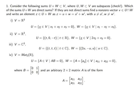 solved 1 consider the following sums u w⊂v where u w⊂v are