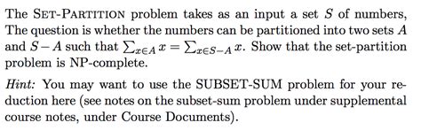 solved the set partition problem takes as an input a set s