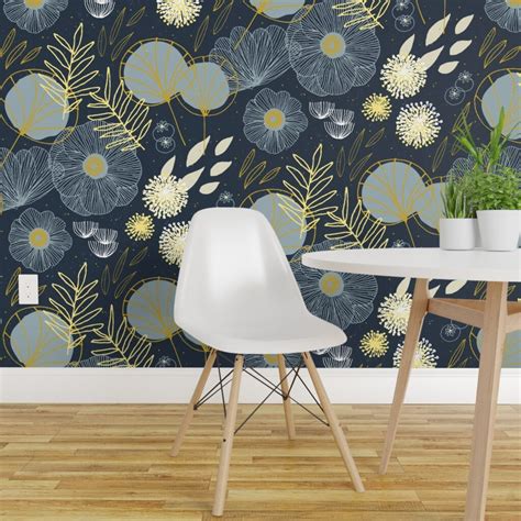 Pre Pasted Wallpaper 2FT Wide Spring Floral Navy Black Drawing Plants