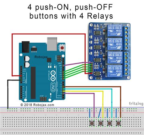 Using 4 Push Buttons To Control 4 Channel Relays With Arduino Robojax Com