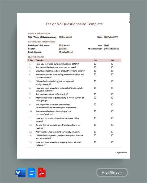 Yes Or No Questionnaire Template Word PDF Google Docs Highfile