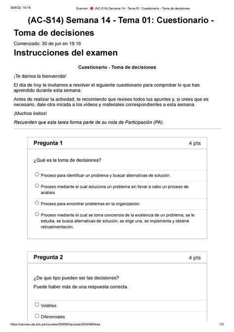 Examen AC S14 Semana 14 Tema 01 Cuestionario Toma De Decisiones