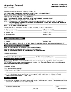 Fillable Online Accident And Health Insurance Bclaimb Form