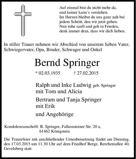 Traueranzeigen Von Bernd Springer Trauer In NRW De