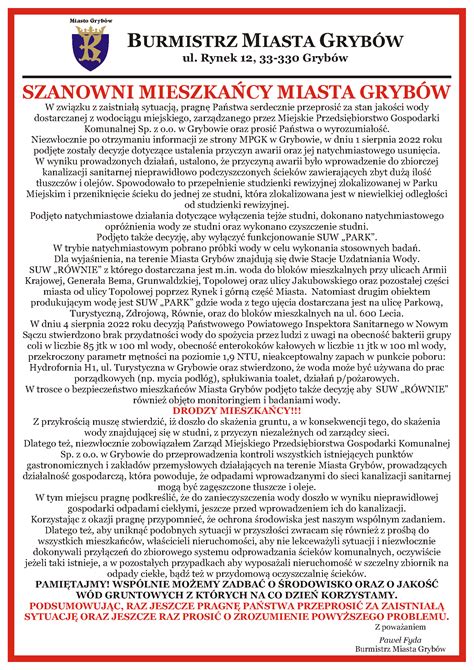 KOMUNIKAT Awaria sieci wodociągowej Aktualizacja 2 Miasto Grybów