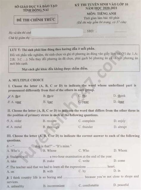 Đáp án đề thi môn Tiếng Anh lớp 10 tỉnh Đồng Nai