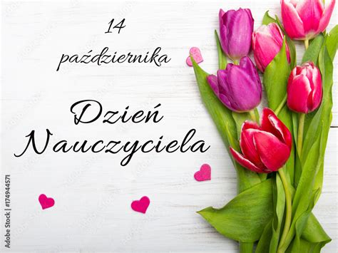 Obraz Premium Kartka Z Okazji Dnia Nauczyciela 174944571 Tulipany