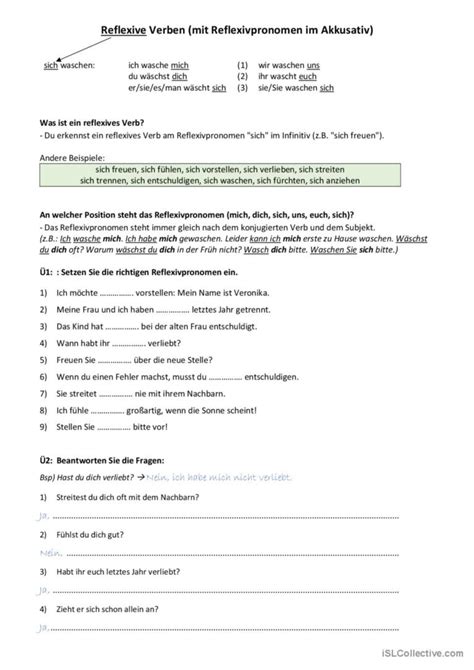 Reflexive Verben mit Reflexivpronome Deutsch DAF Arbeitsblätter pdf doc