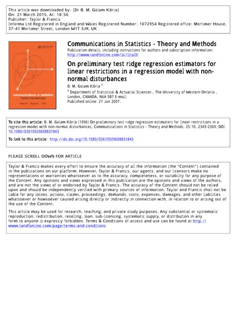 pdf on preliminary test ridge regression estimators for linear restrictions in a regression